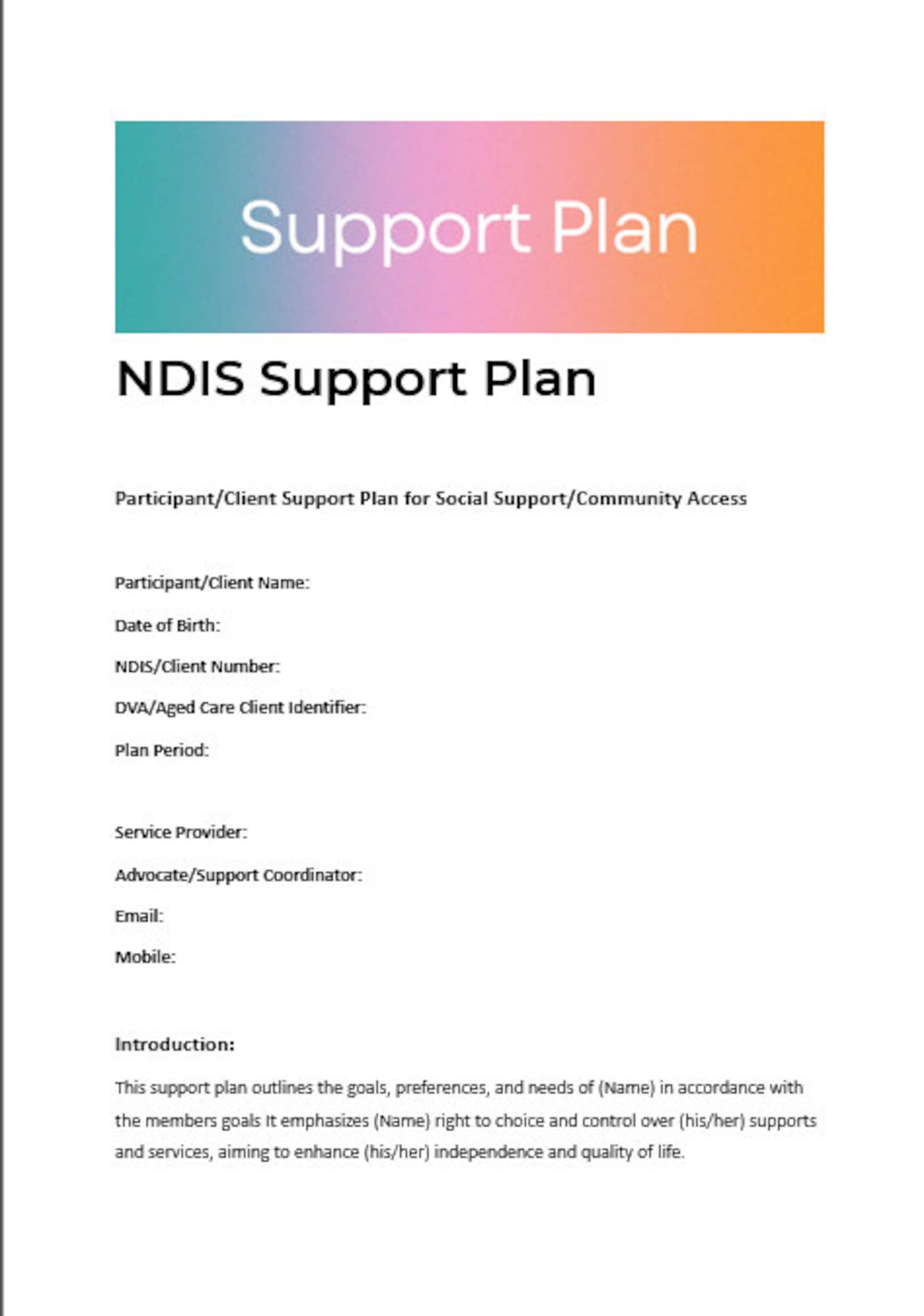 Support Plan NDIS, Care Plan, NDIS Support Plan - Etsy