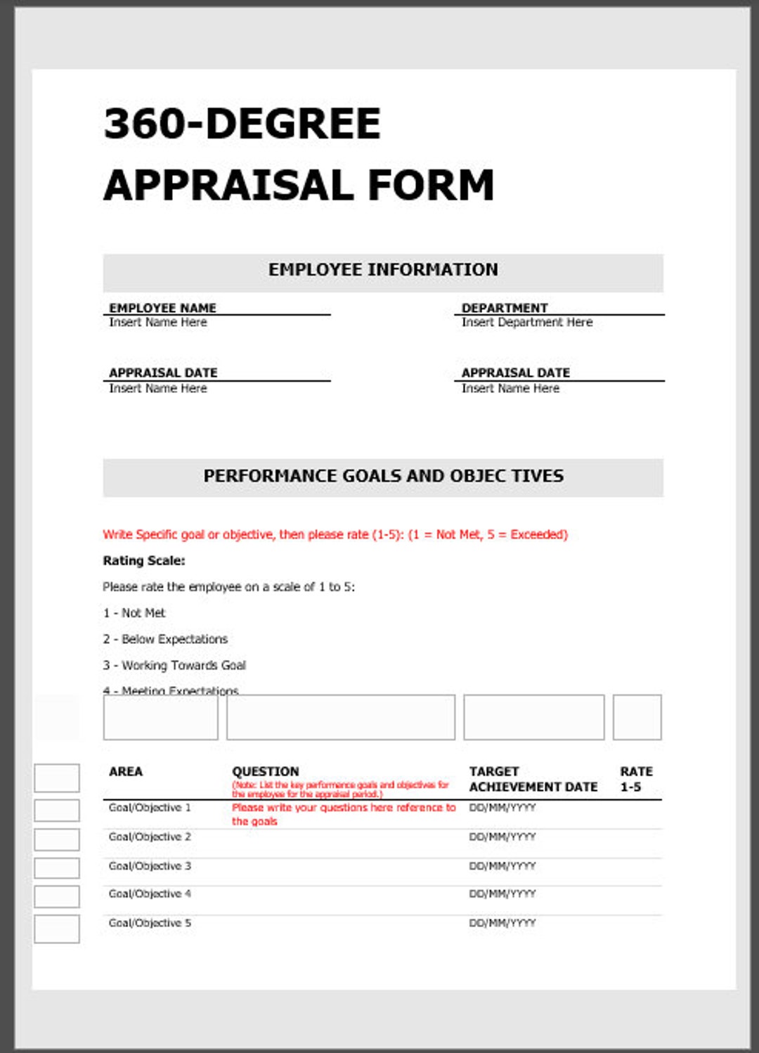 360 Degree Appraisal Form Template Document for Any Staff in the ...