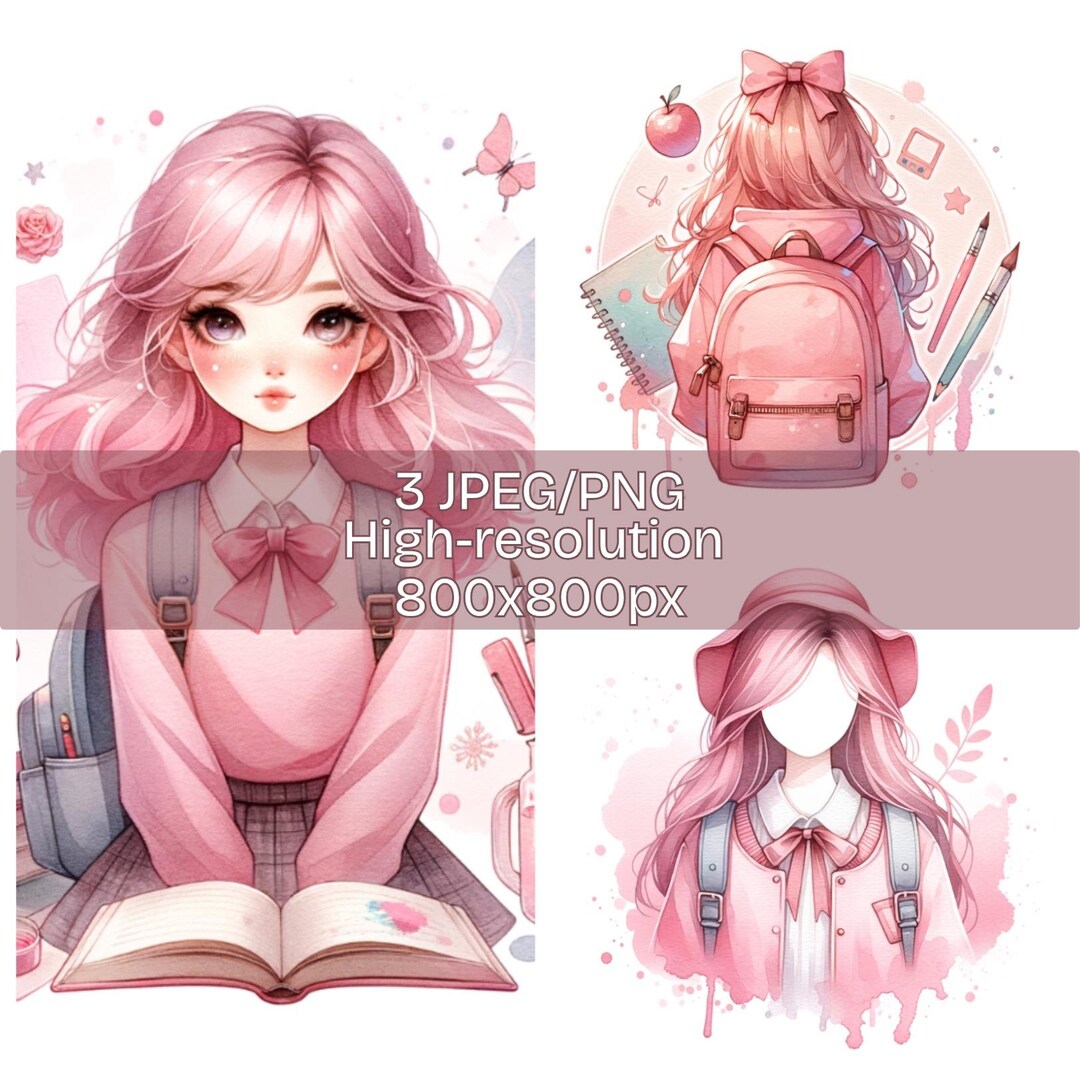 Watercolor School Girl Clip Art – Pastel Girl in Pink Student ...