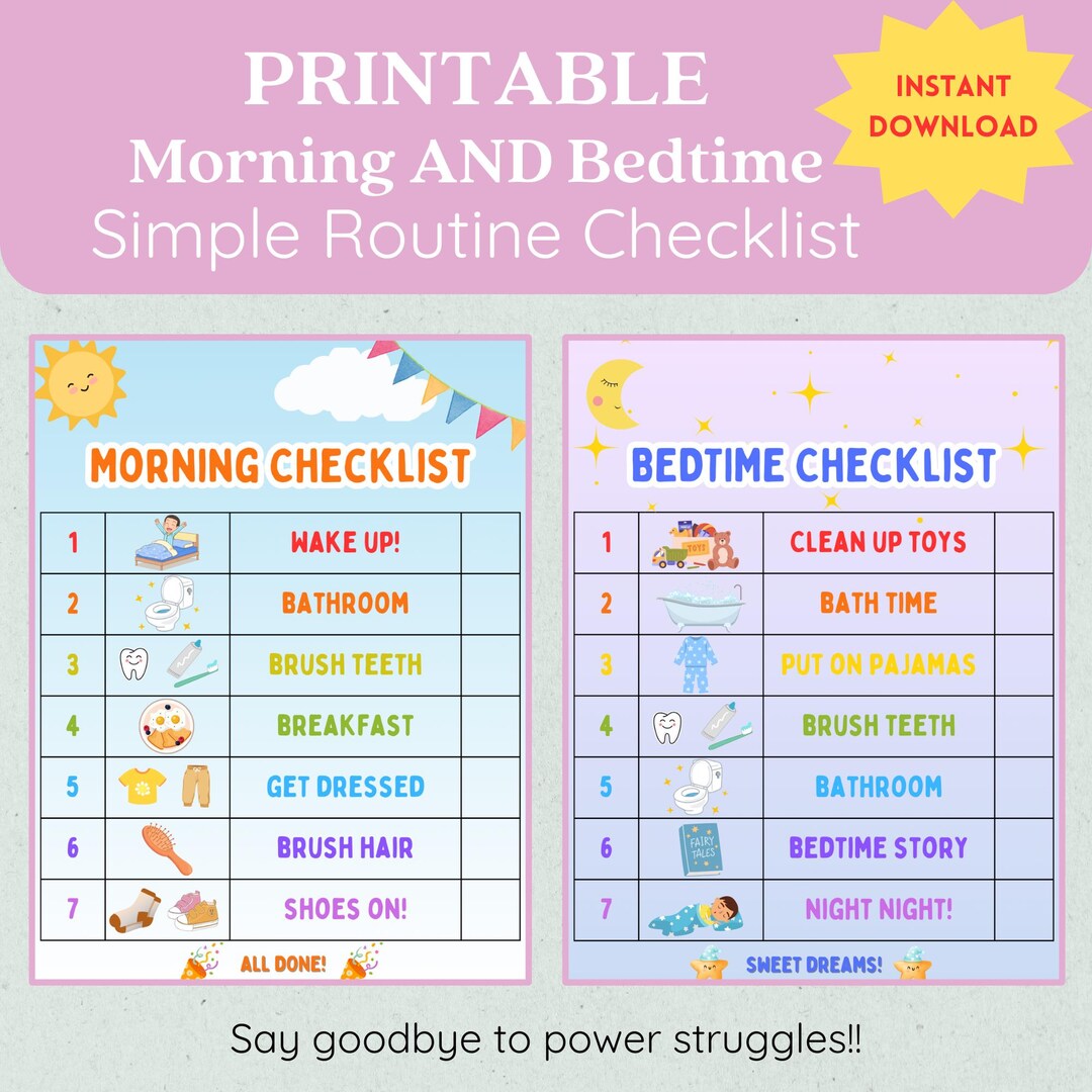 Morning AND Bedtime Routine Checklist Chart Kids Printable - Best Daily ...