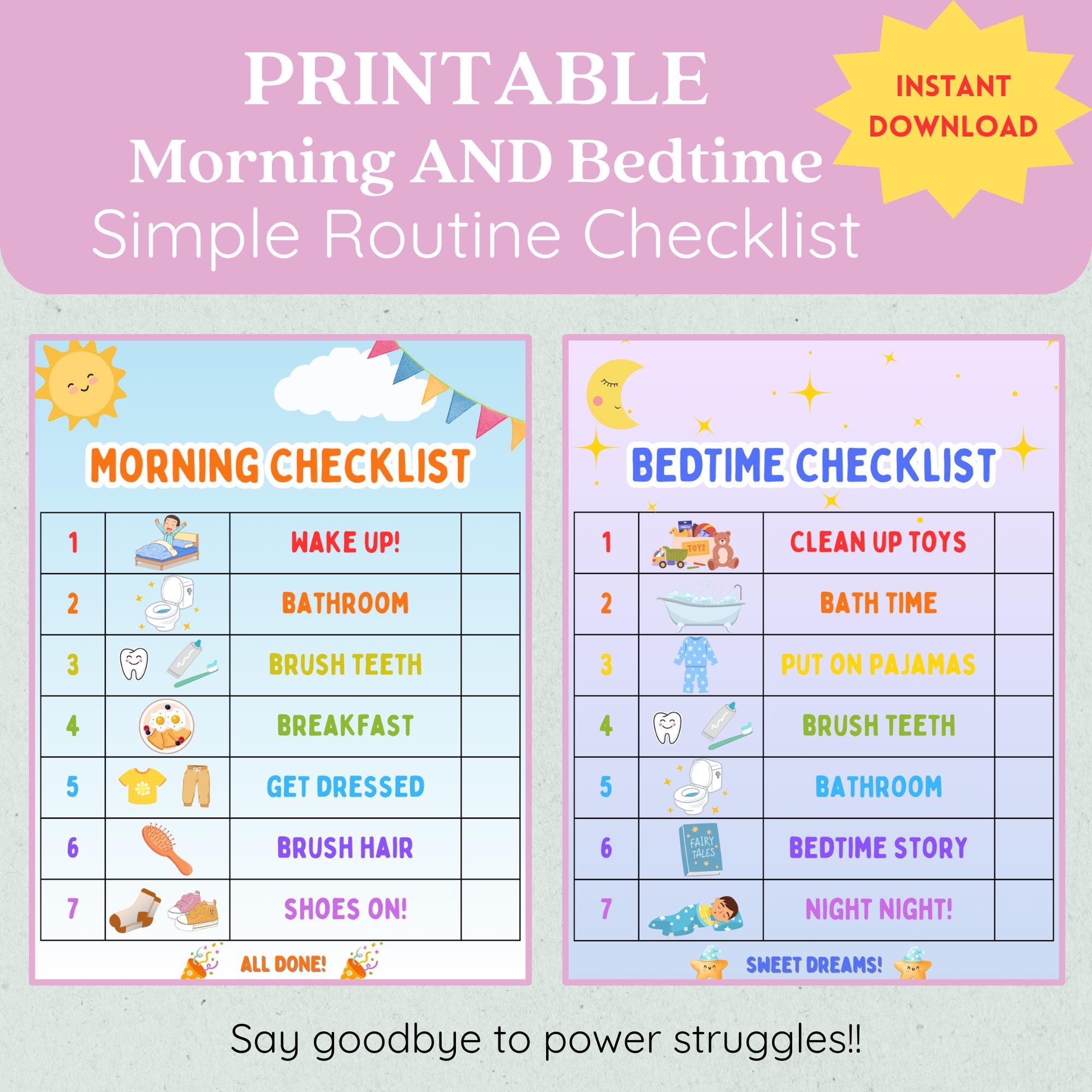 Morning AND Bedtime Routine Checklist Chart Kids Printable - Best Daily ...