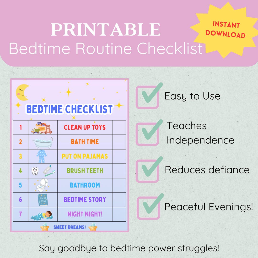 Bedtime Routine Checklist Chart Kids Printable - Best Bedtime Routine ...