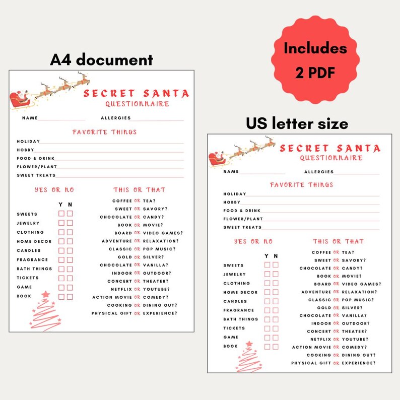 Secret Santa Questionnaire Christmas Gift Exchange Secret Santa Holiday ...