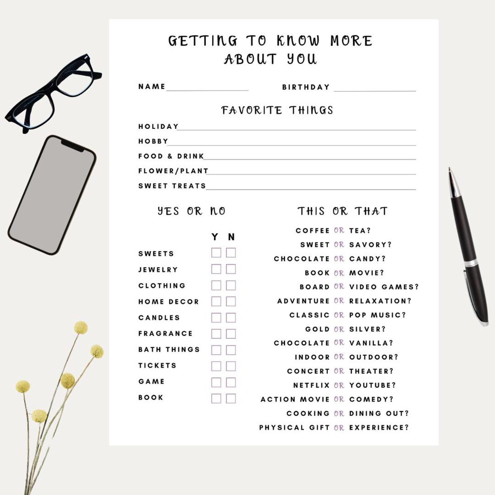 Favorite Things Questionnaire | Getting to Know You Printable ...