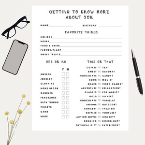 Favorite Things Questionnaire | Getting to Know You Printable ...