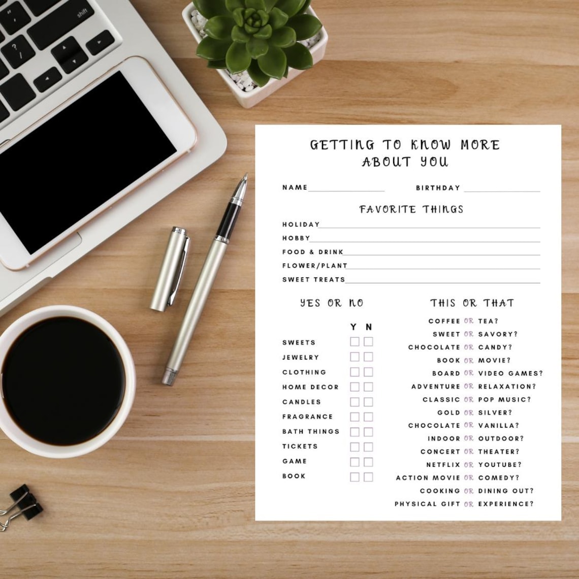 Favorite Things Questionnaire Getting to Know You Printable Employee ...