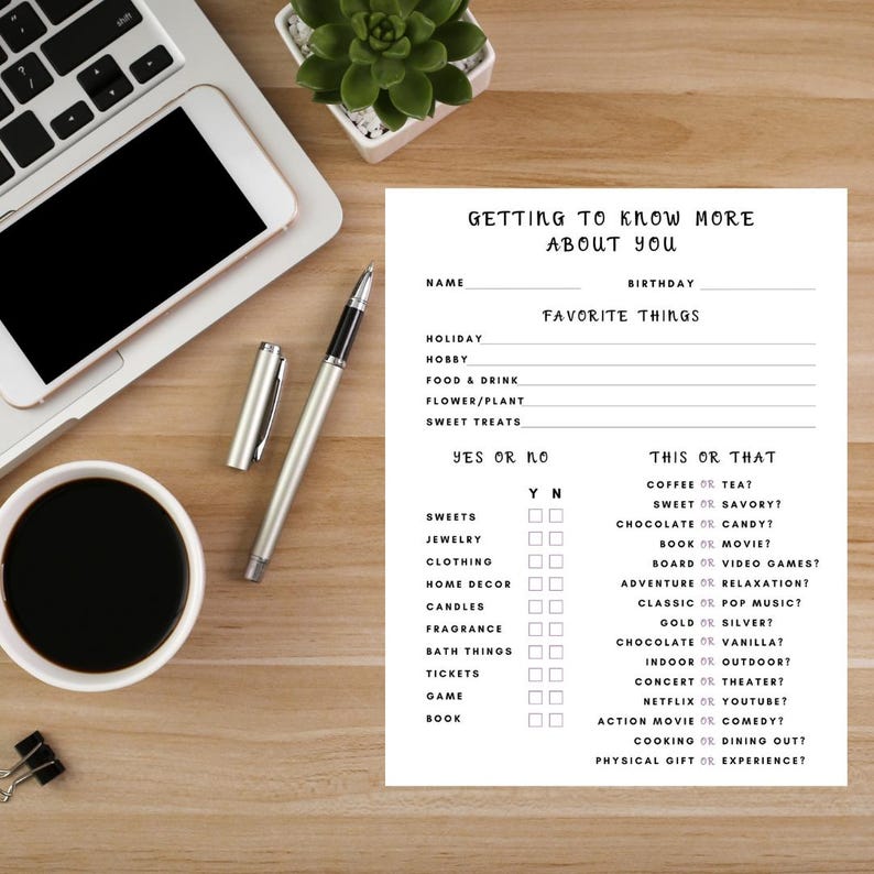 Favorite Things Questionnaire | Getting to Know You Printable ...