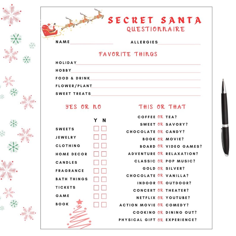 Secret Santa Questionnaire Christmas Gift Exchange Secret Santa Holiday ...