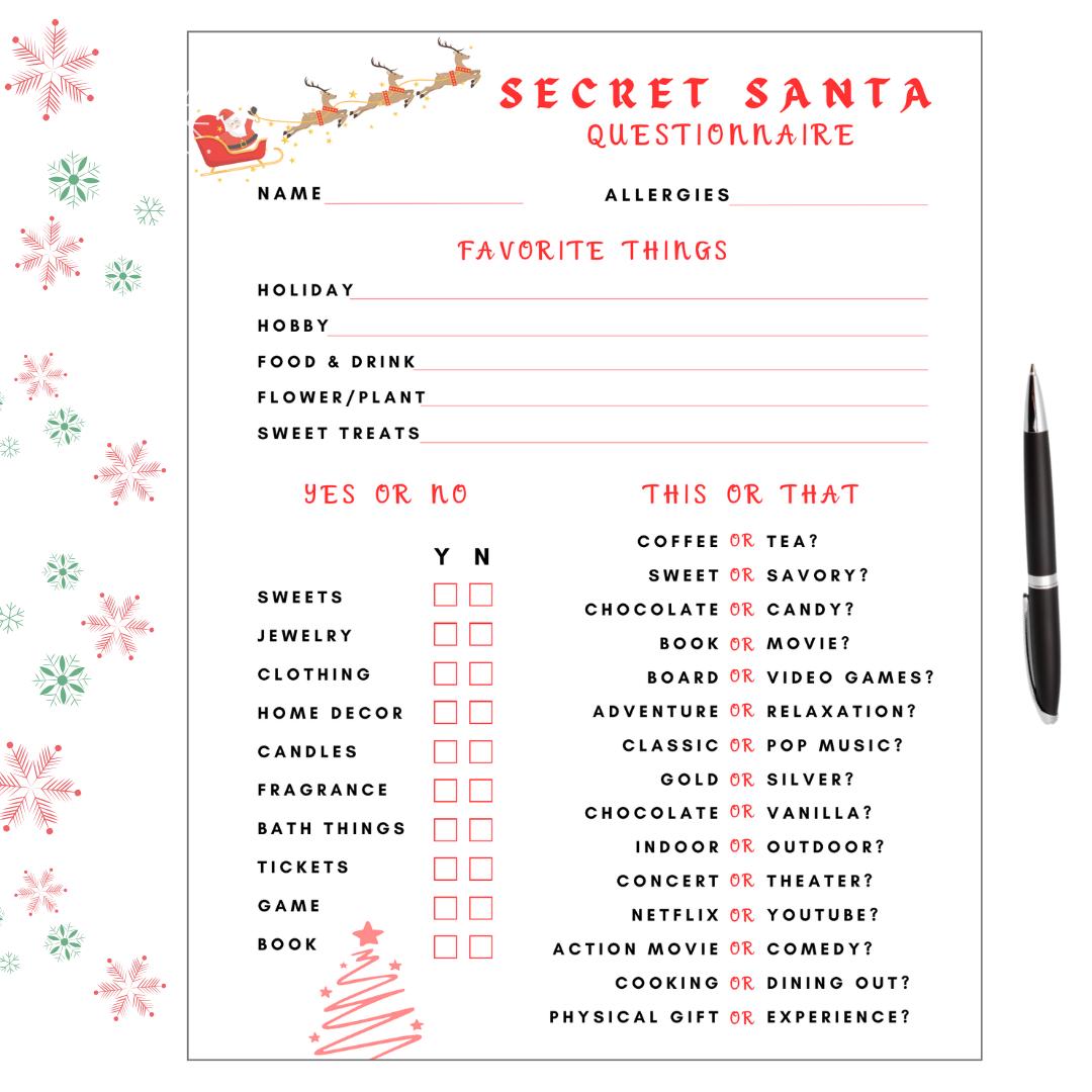 Secret Santa Questionnaire Christmas Gift Exchange Secret Santa Holiday ...