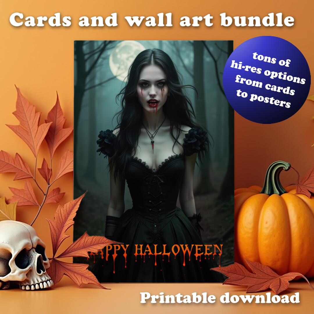 Vampire Queen Full Moon Happy Halloween Card Dark Gothic Vampire Art ...