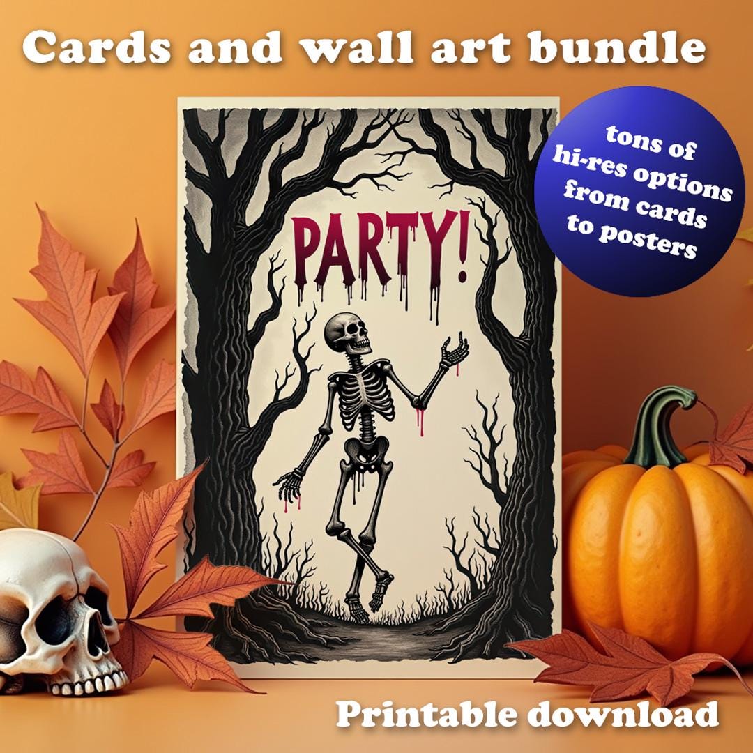 Dancing Skeleton Halloween Party Invitation Spooky Forest Wall Art ...