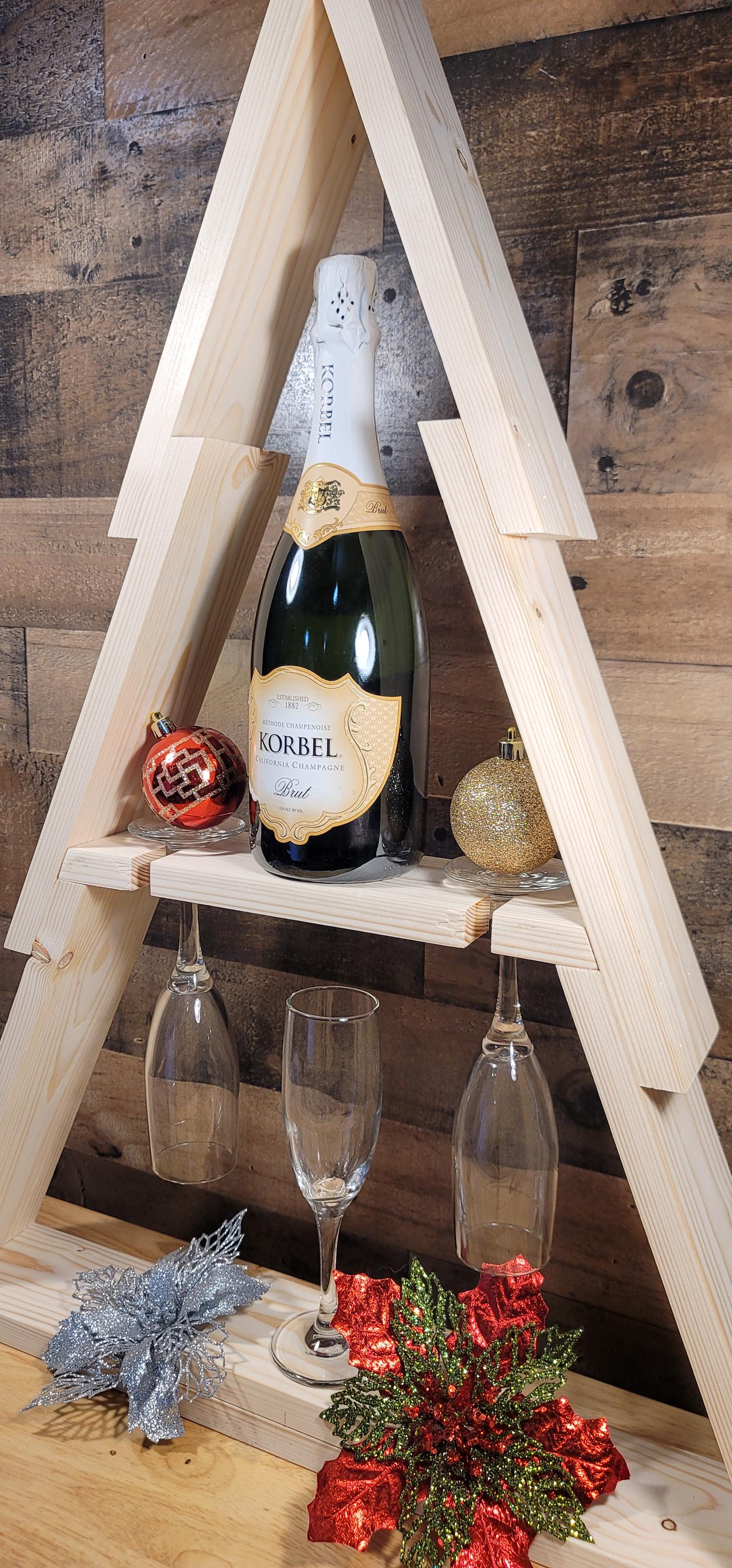 Christmas Wooden Rustic Tree Decor With Three Champagne/wine Glasses ...