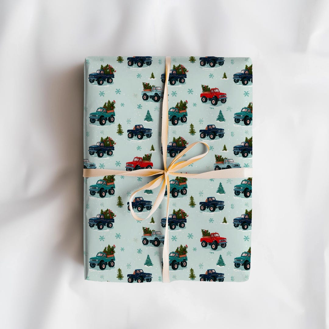 Vintage Truck Christmas Wrapping Paper, Holiday Gift Wrap With Classic ...