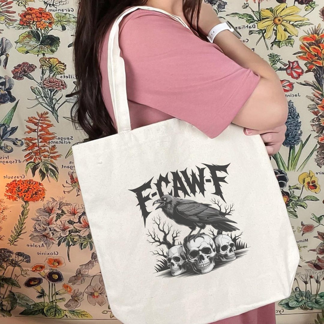 F-CAW-F Gothic Crow Tote Bag, Funny Raven Skull Tote, Dark Humor Canvas ...