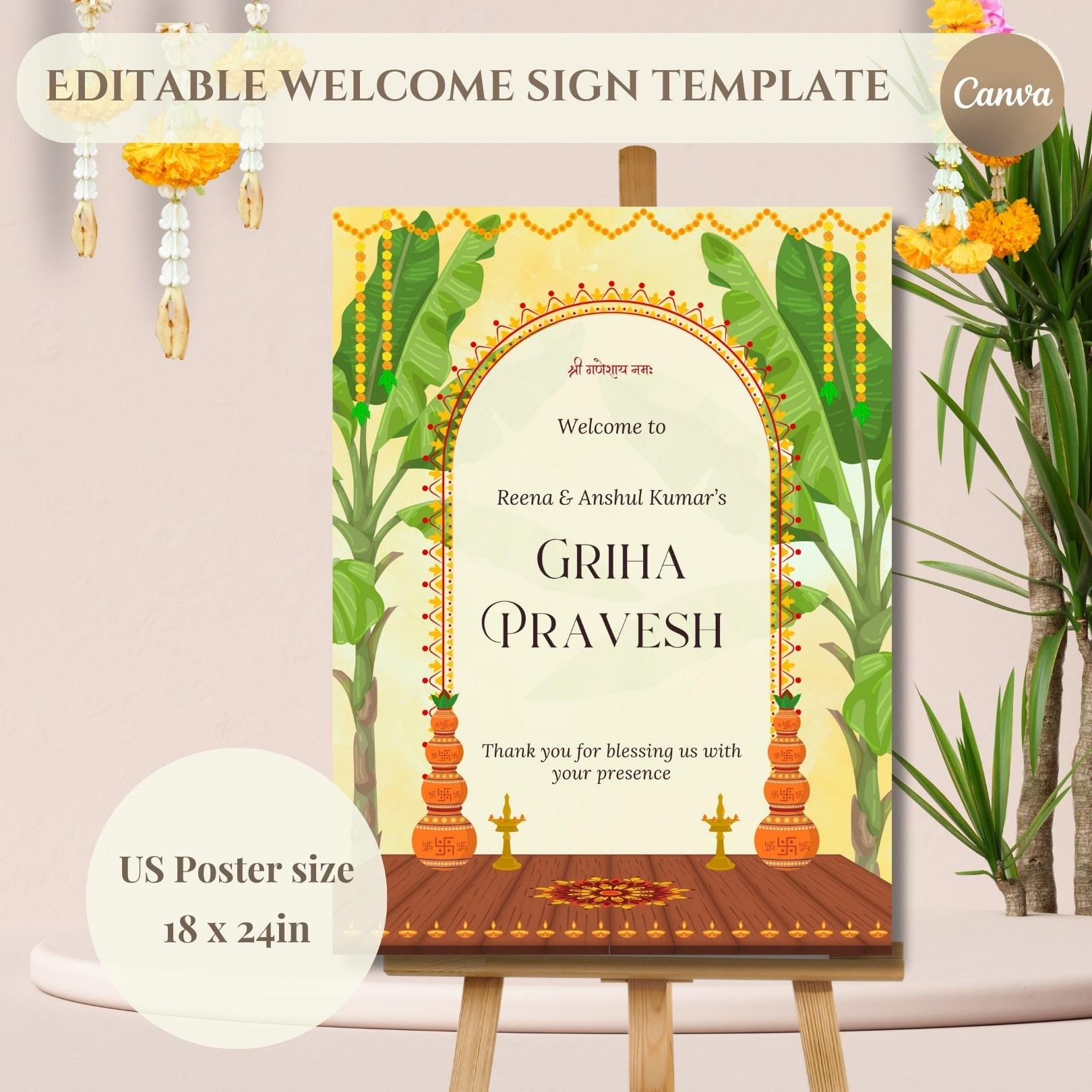 Traditional Griha Pravesh Invitation Template, Welcome Sign, Editable ...