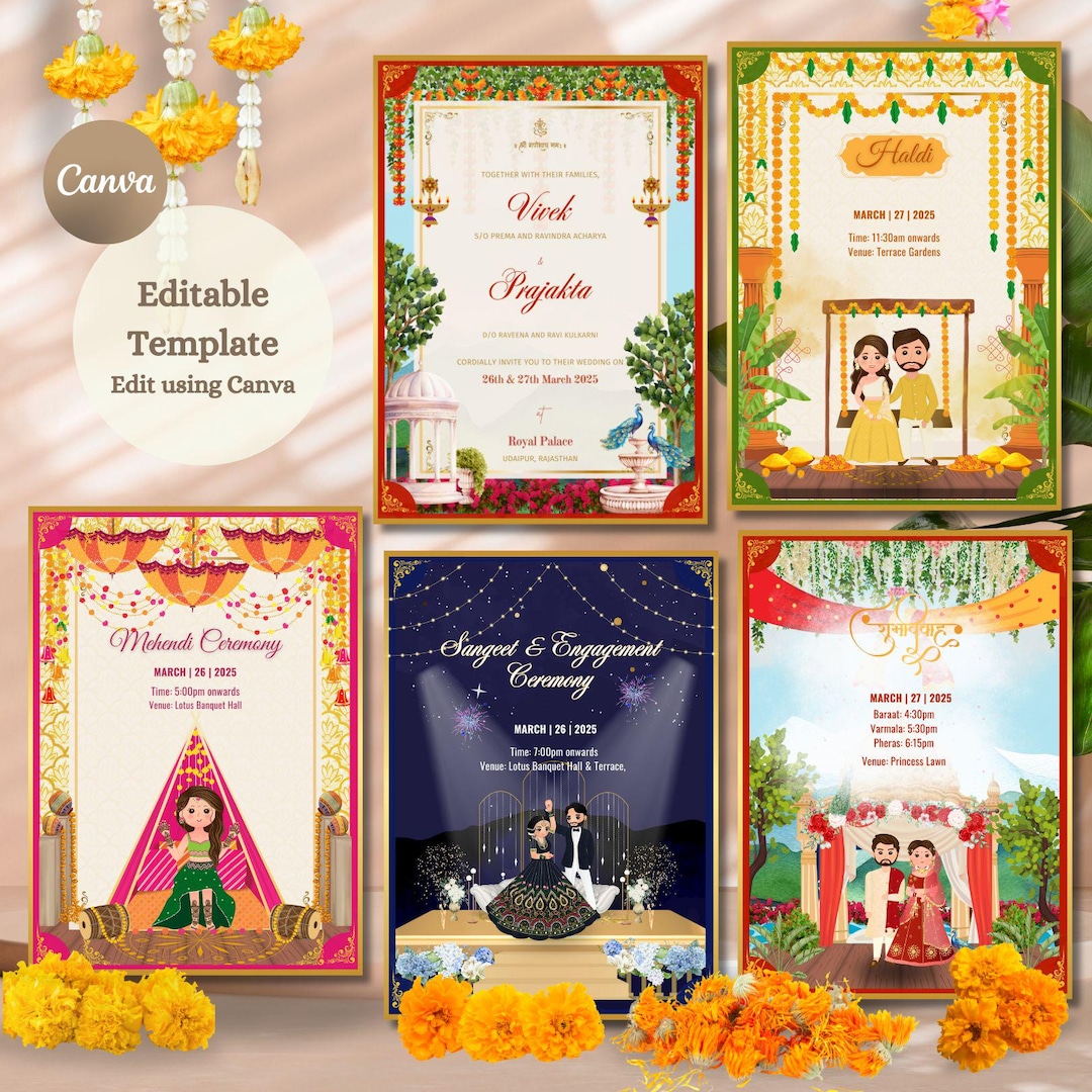 Indian Wedding Invitation Template, DIY Editable Illustrated Indian ...