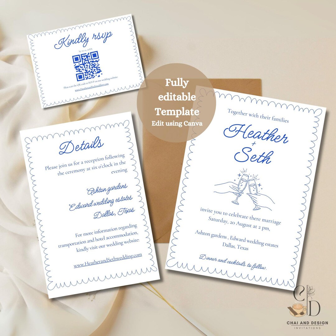 Editable Wedding Invitation Template, Double Sided, Hand Drawn Scribble ...