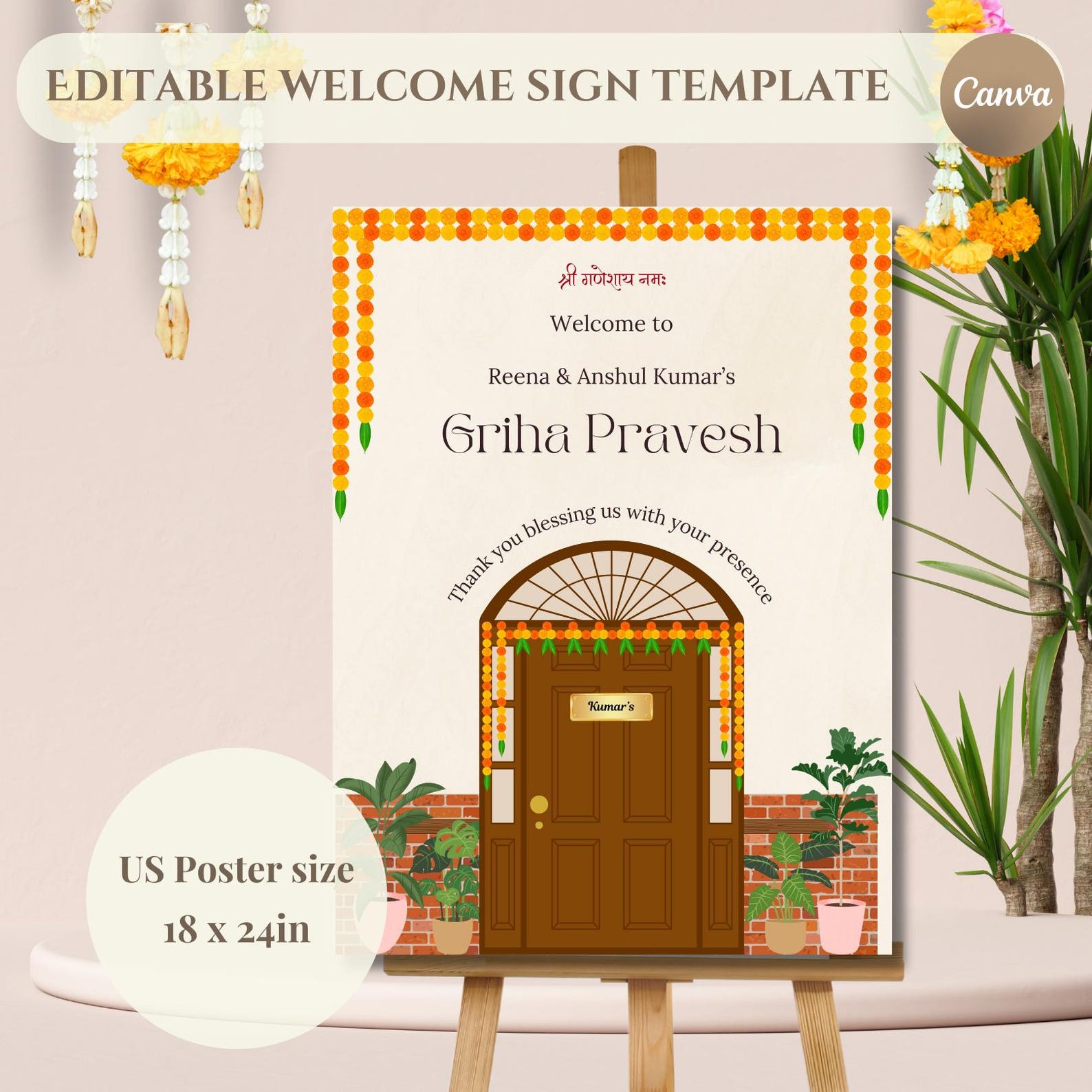 Editable Indian Griha Pravesh Invitation Template Set, Welcome Sign ...