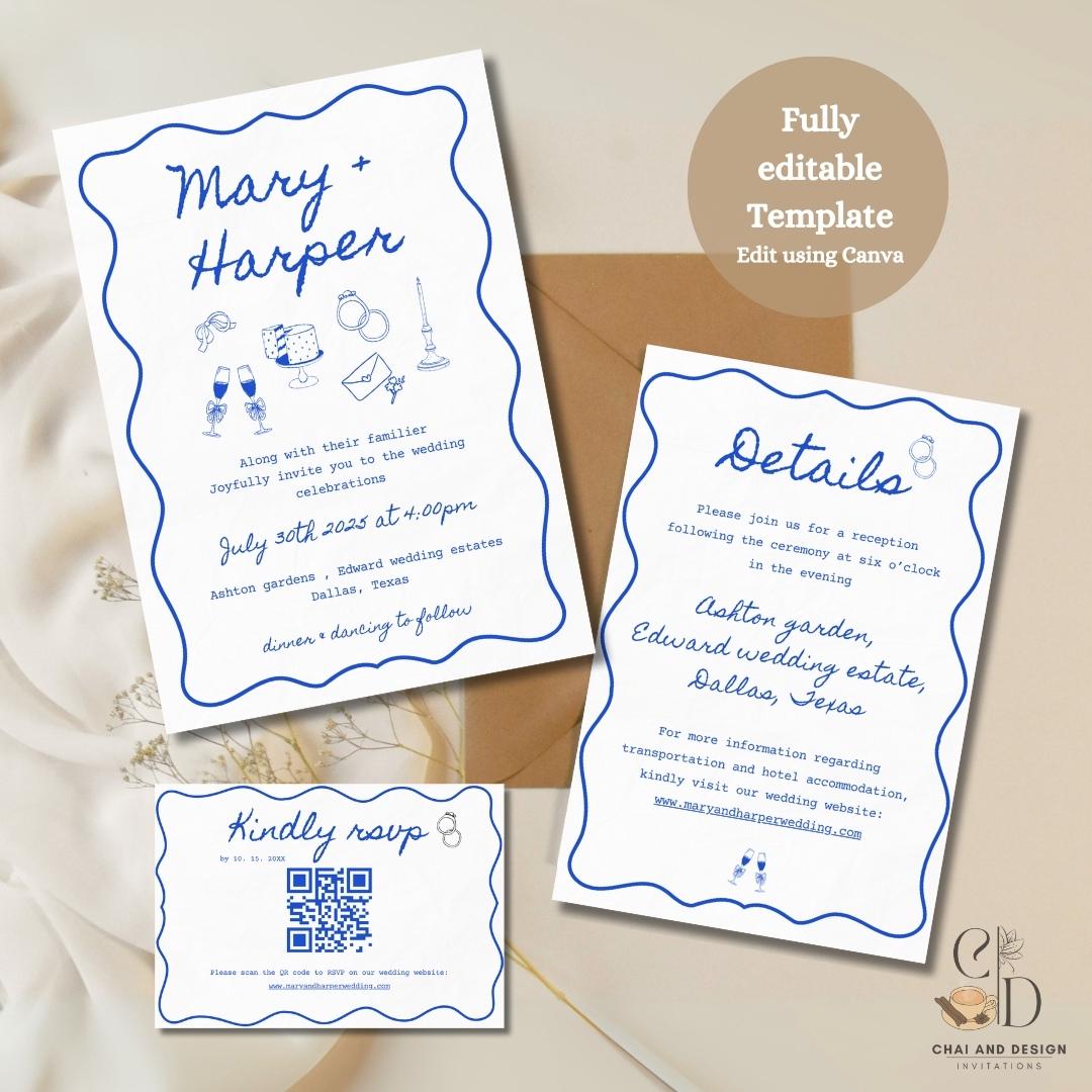 Blue Hand Written Wedding Invite Hand Drawn Wedding Invitation Unique ...