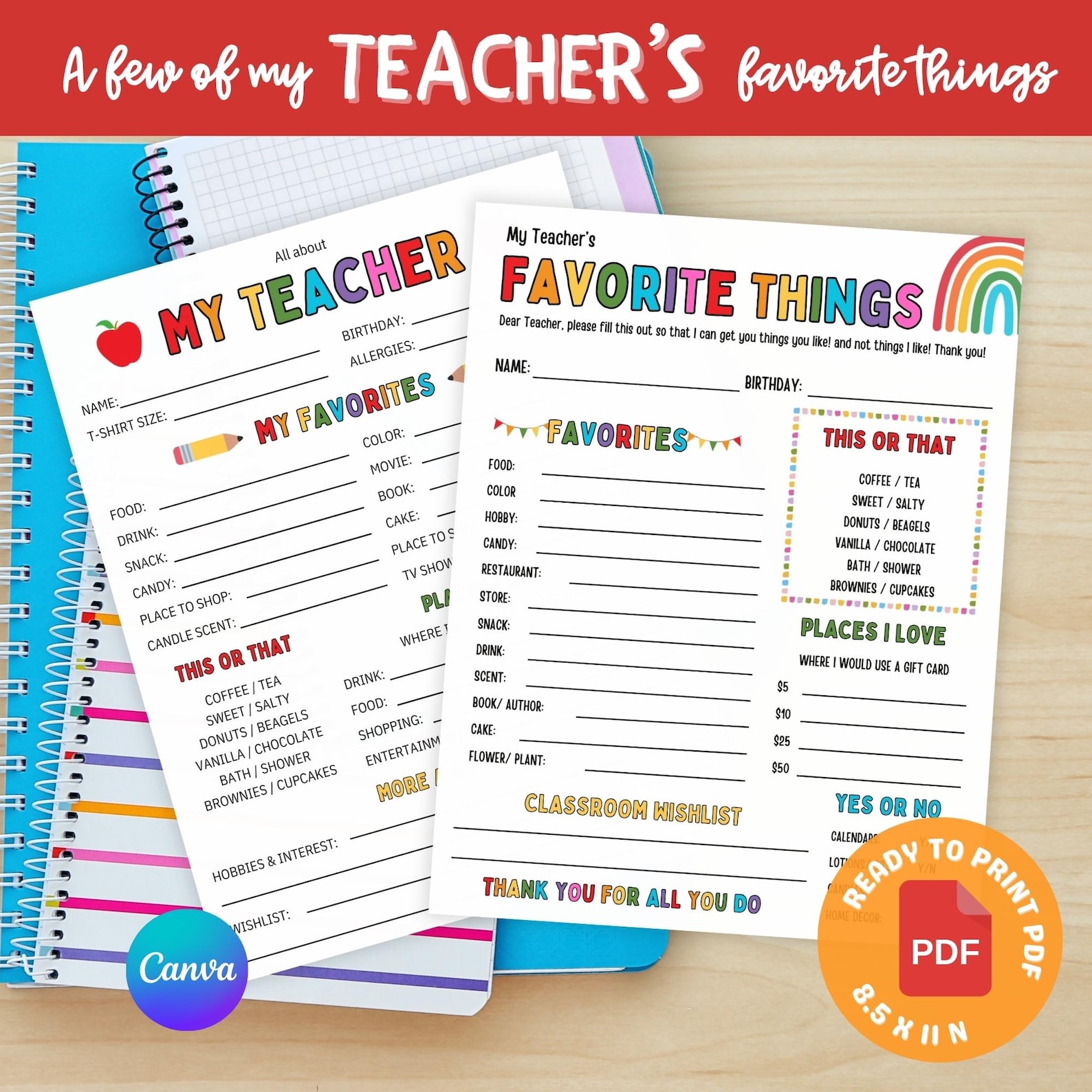 Teacher Favorite Things Questionnaire Form Printable Teacher Survey ...