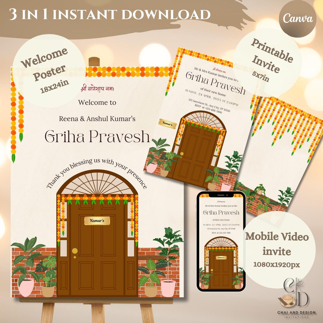 Editable Indian Griha Pravesh Invitation Template Set, Welcome Sign ...