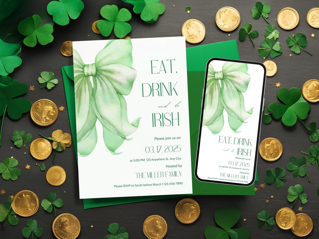 St Patricks Day Invitation Card Eat Drink and Be Irish Invite Green ...