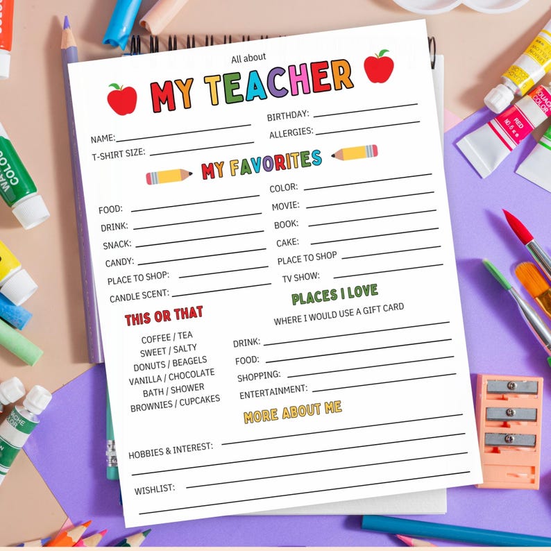 Teacher Favorite Things Questionnaire Form Printable Teacher Survey ...