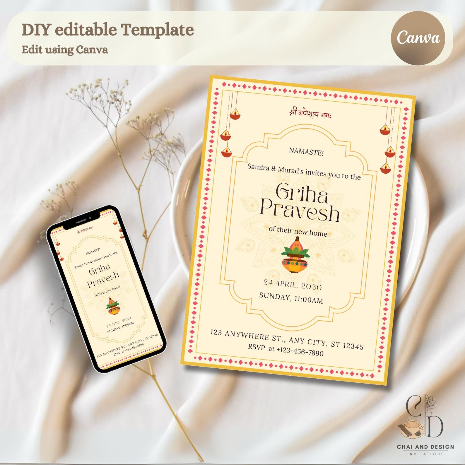 Minimalist Griha Pravesh Invitation Template, Welcome Sign, Editable ...