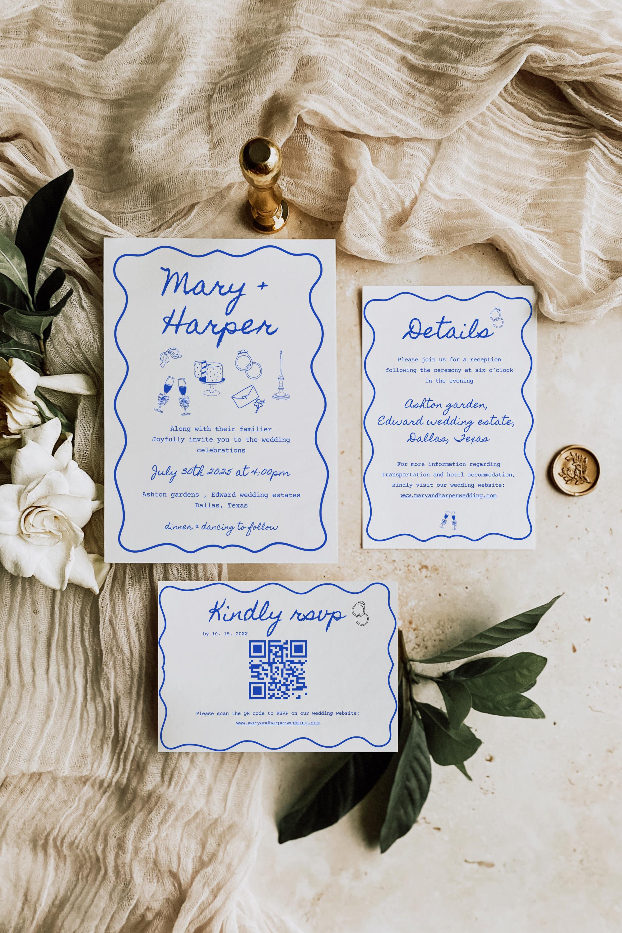 Blue Hand Written Wedding Invite Hand Drawn Wedding Invitation Unique ...