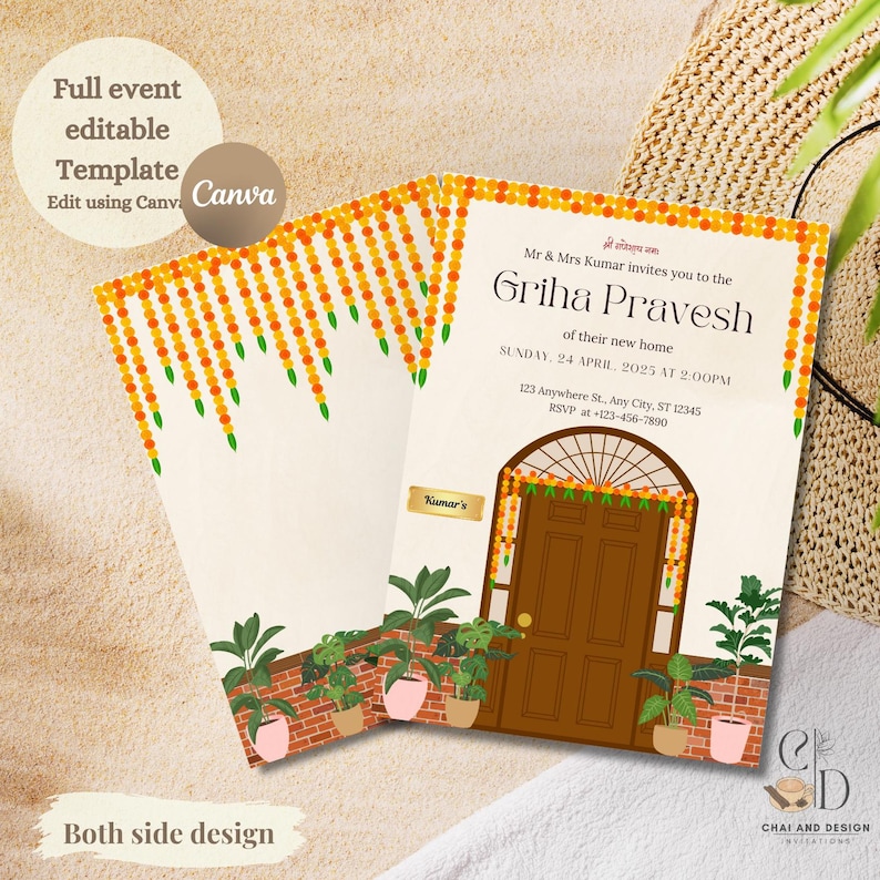 Editable Indian Griha Pravesh Invitation Template Set, Welcome Sign Poster, Hindu Gruha ...
