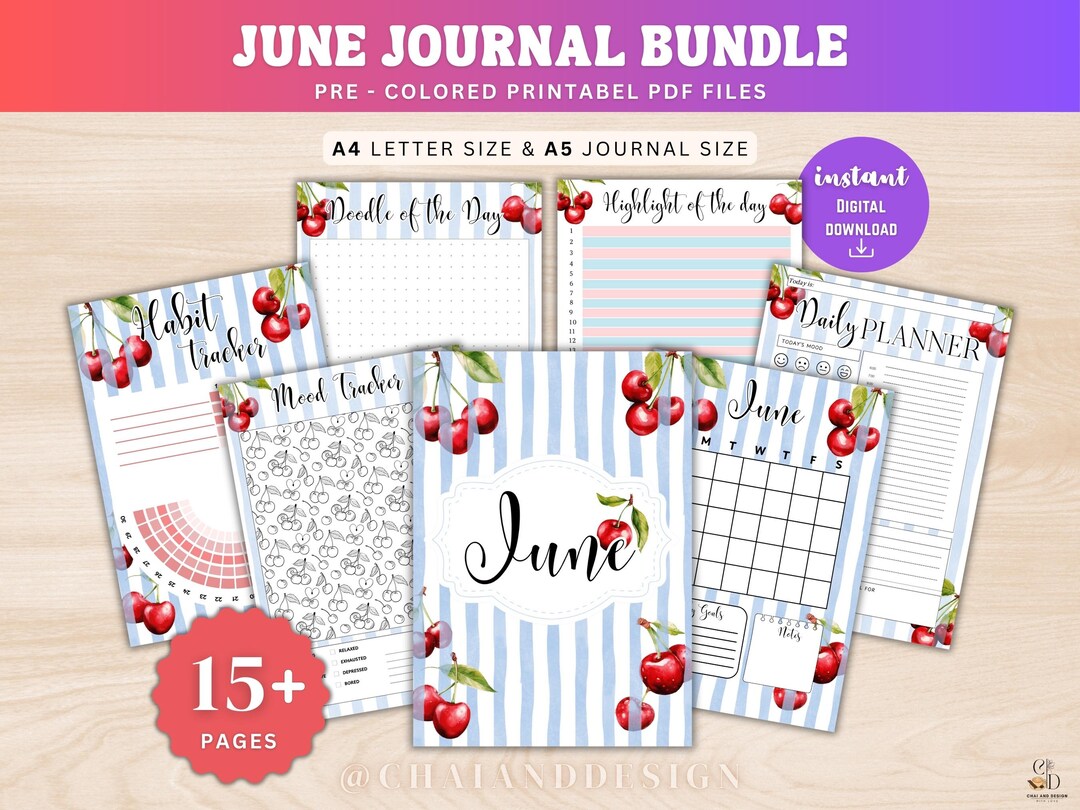 June Journal Bundle, Summer Cherries PRINTABLE Journal Pages, PRE ...
