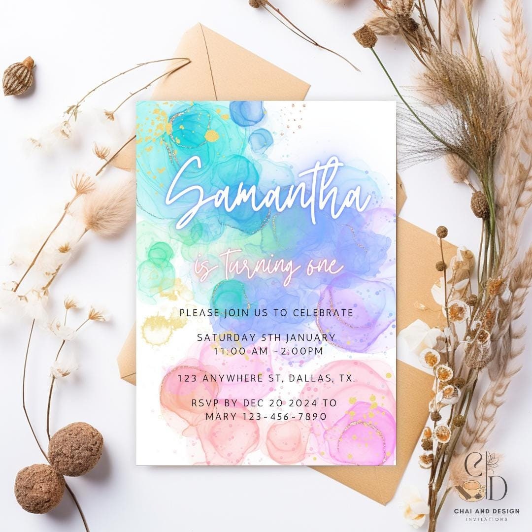 Editable Watercolor Invite Rainbow Birthday Invitation Gold Glitter ...