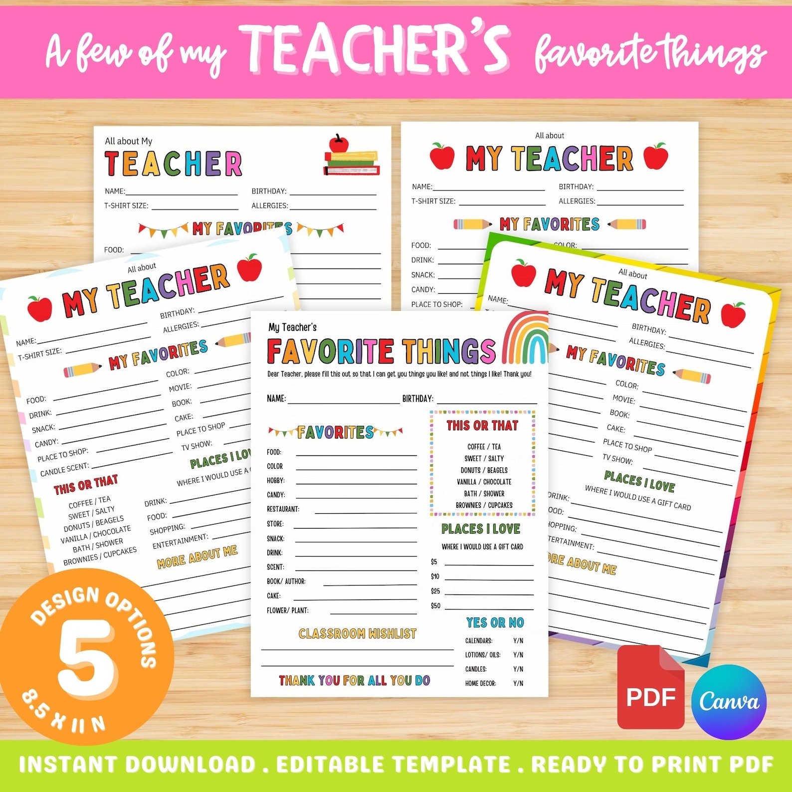 Teacher Favorite Things Questionnaire Form Printable Teacher Survey ...