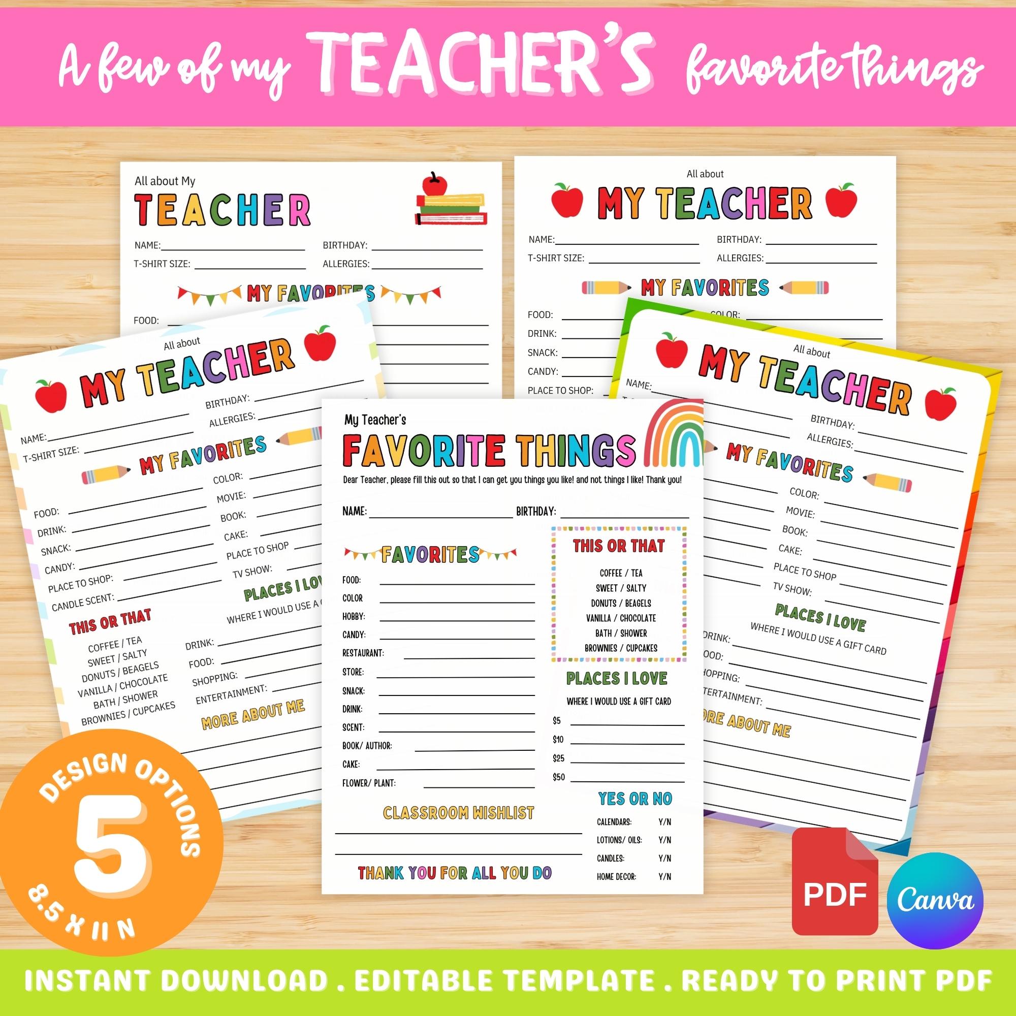 Teacher Favorite Things Questionnaire Form Printable Teacher Survey ...