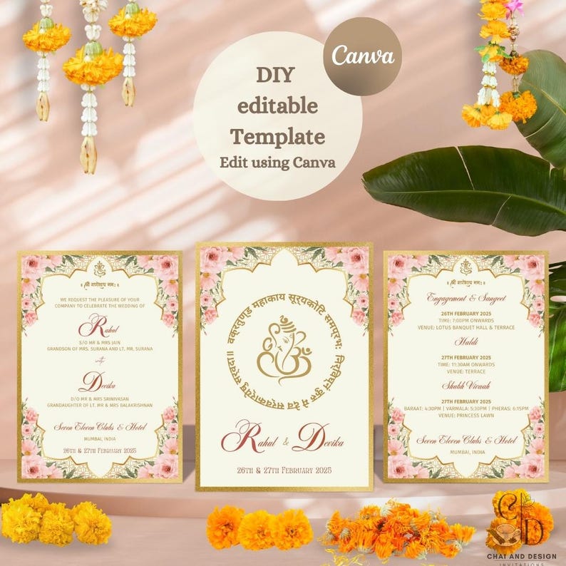 Traditional Theme Indian Wedding Invitation Bundle DIY Editable Hindu ...