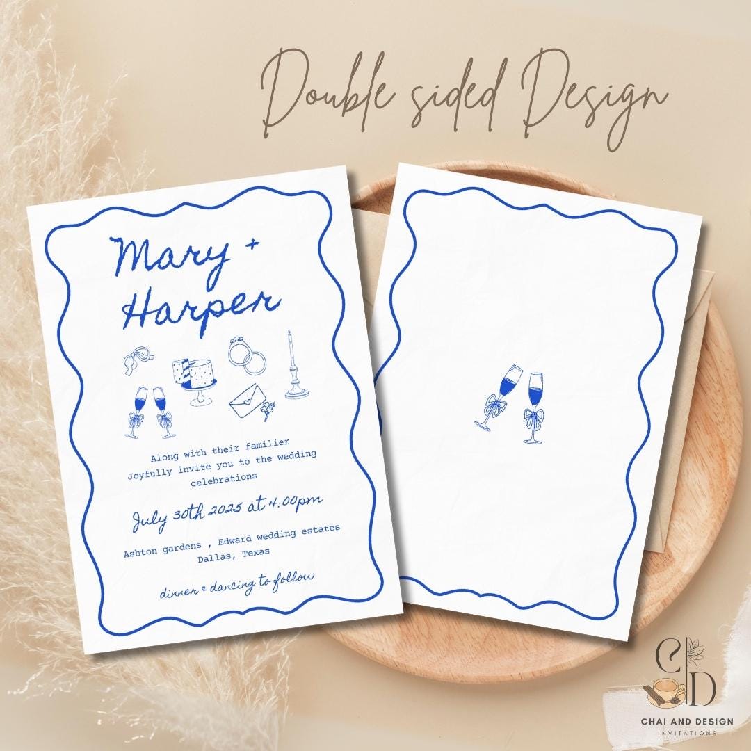 Blue Hand Written Wedding Invite Hand Drawn Wedding Invitation Unique ...