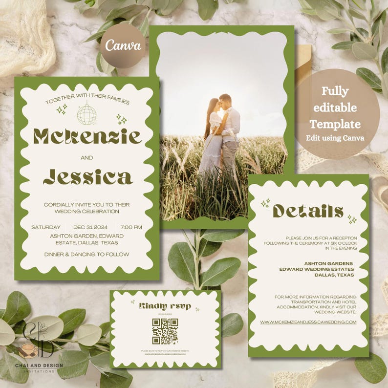 Green Whimsical Wedding Invitation Template, Editable Photo Wedding ...