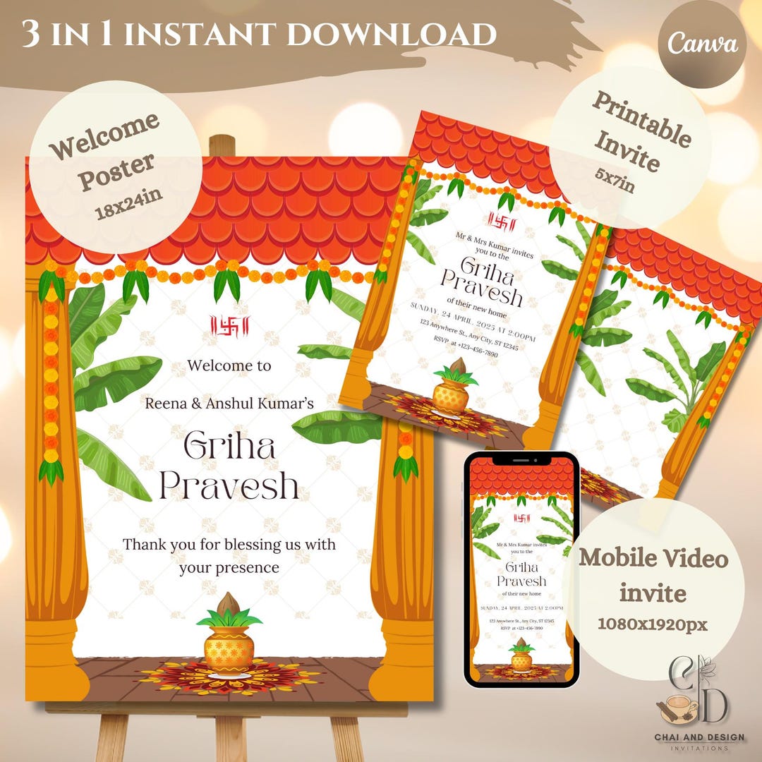 Editable Indian Griha Pravesh Invitation Template Set, Welcome Sign ...