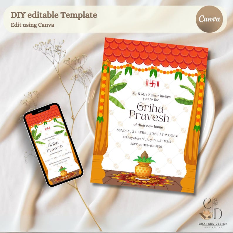 Editable Indian Griha Pravesh Invitation Template Set, Welcome Sign ...