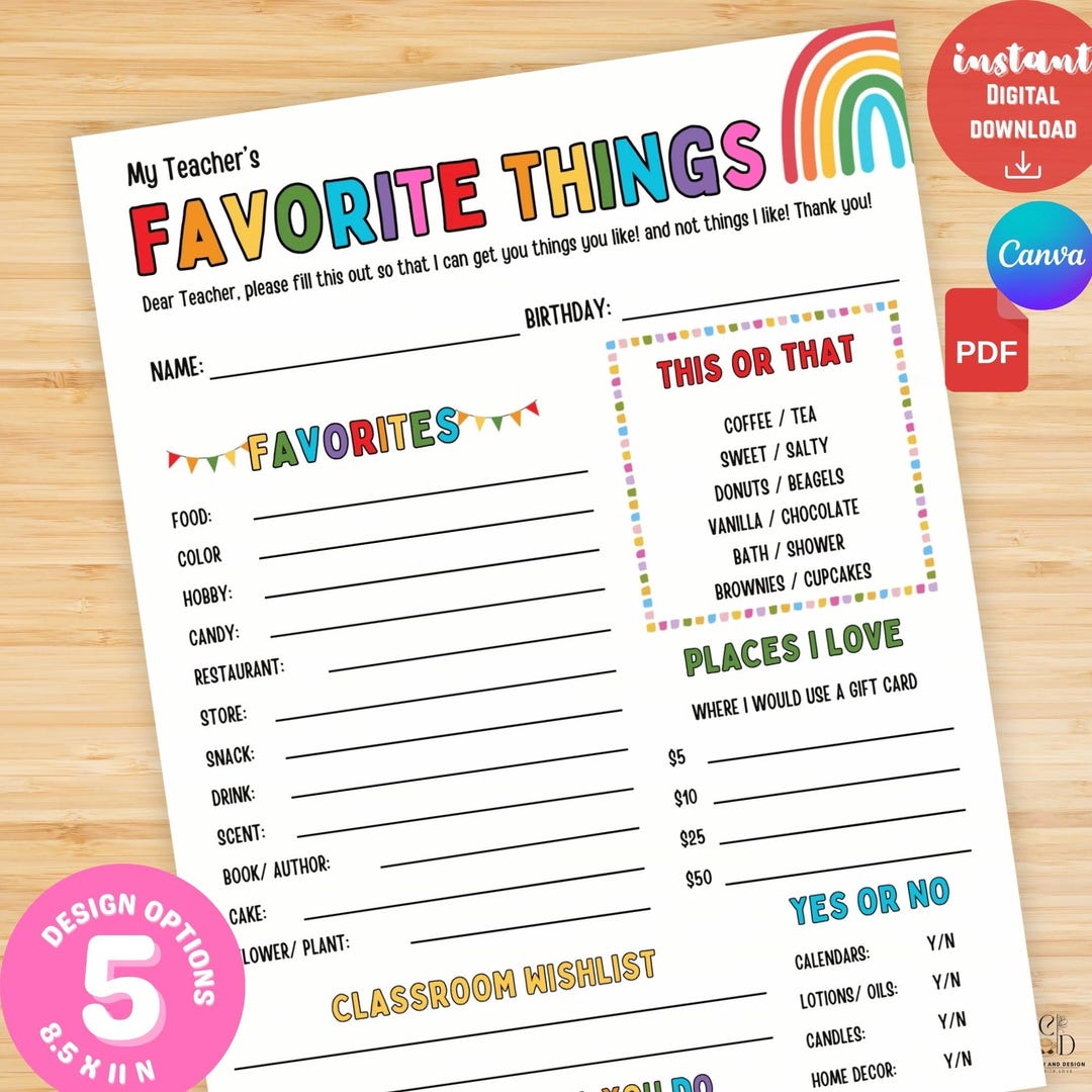 Teacher Favorite Things Questionnaire Form Printable Teacher Survey ...
