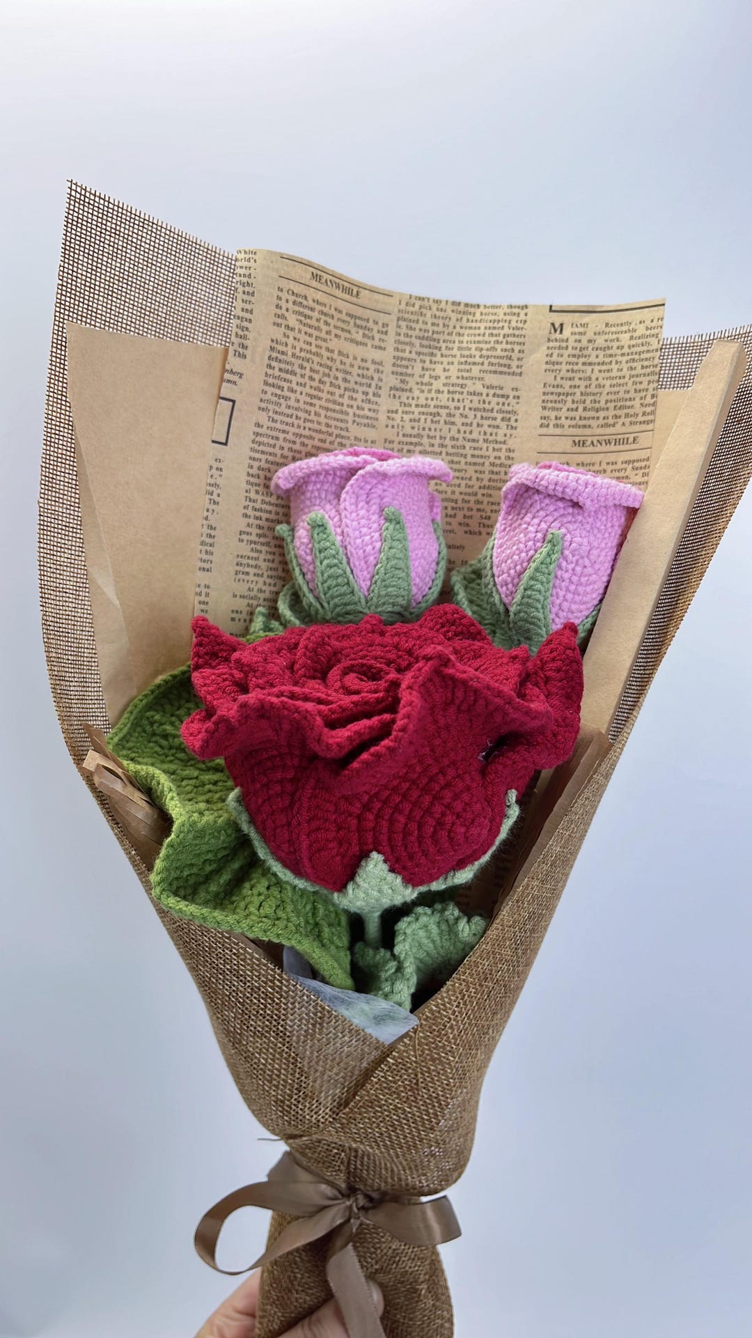 Crochet Flowers Bouquet Handmade, Dark Red Rose Bouquet,pink Roses,2025 ...