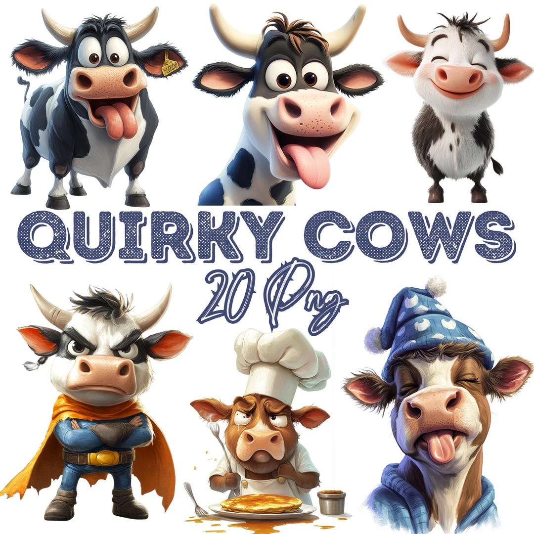 Quirky and Grumpy Cow Clipart Set, 20 Cute & Funny Designs, Digital ...