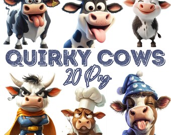 Quirky and Grumpy Cow Clipart Set, 20 Cute & Funny Designs, Digital ...