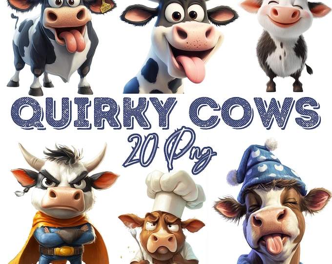 Quirky and Grumpy Cow Clipart Set, 20 Cute & Funny Designs, Digital ...