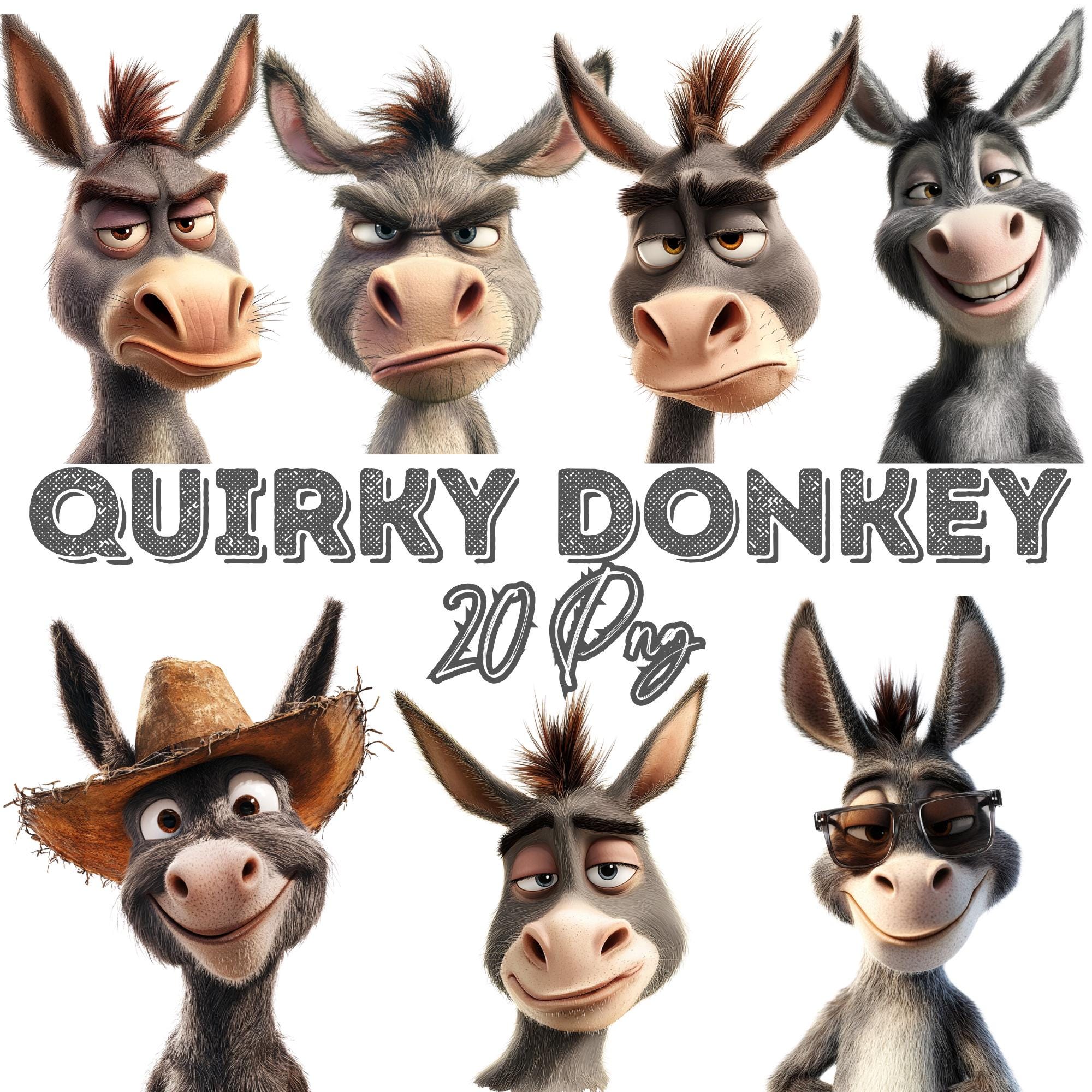 Quirky and Grumpy Donkey Clipart Set, 20 Cute & Funny Designs, Digital ...