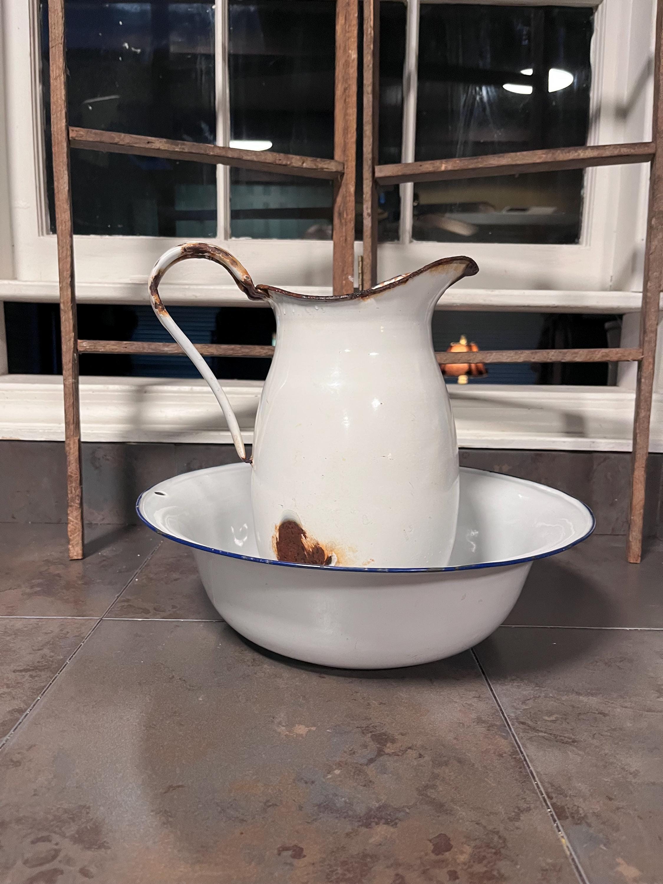 White Enamel Pitcher And Basin Mid Century Italian Ceramic Pitcher