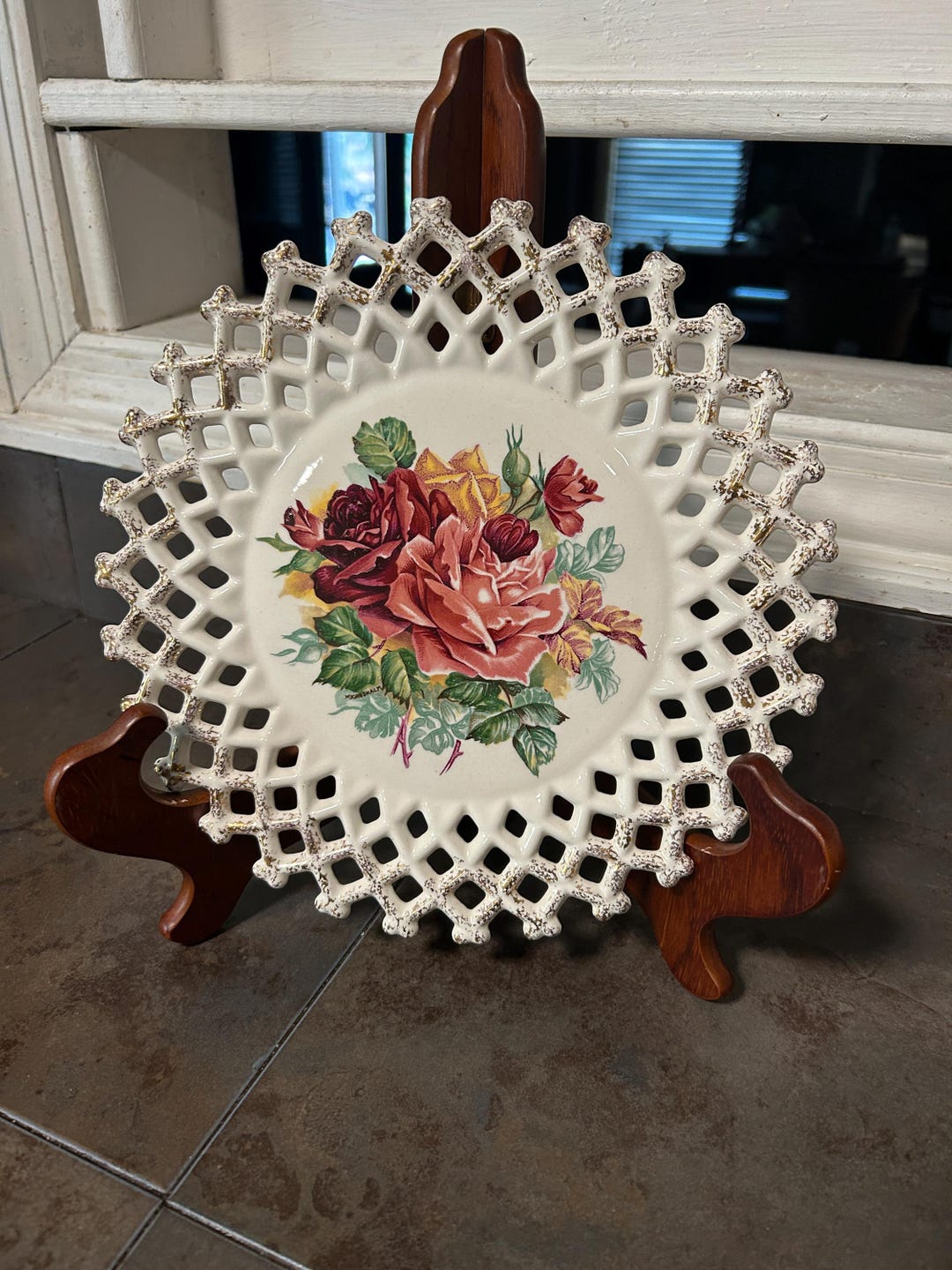Vintage Lefton China Hand Painted Plate Basket Weave With Roses . - Etsy
