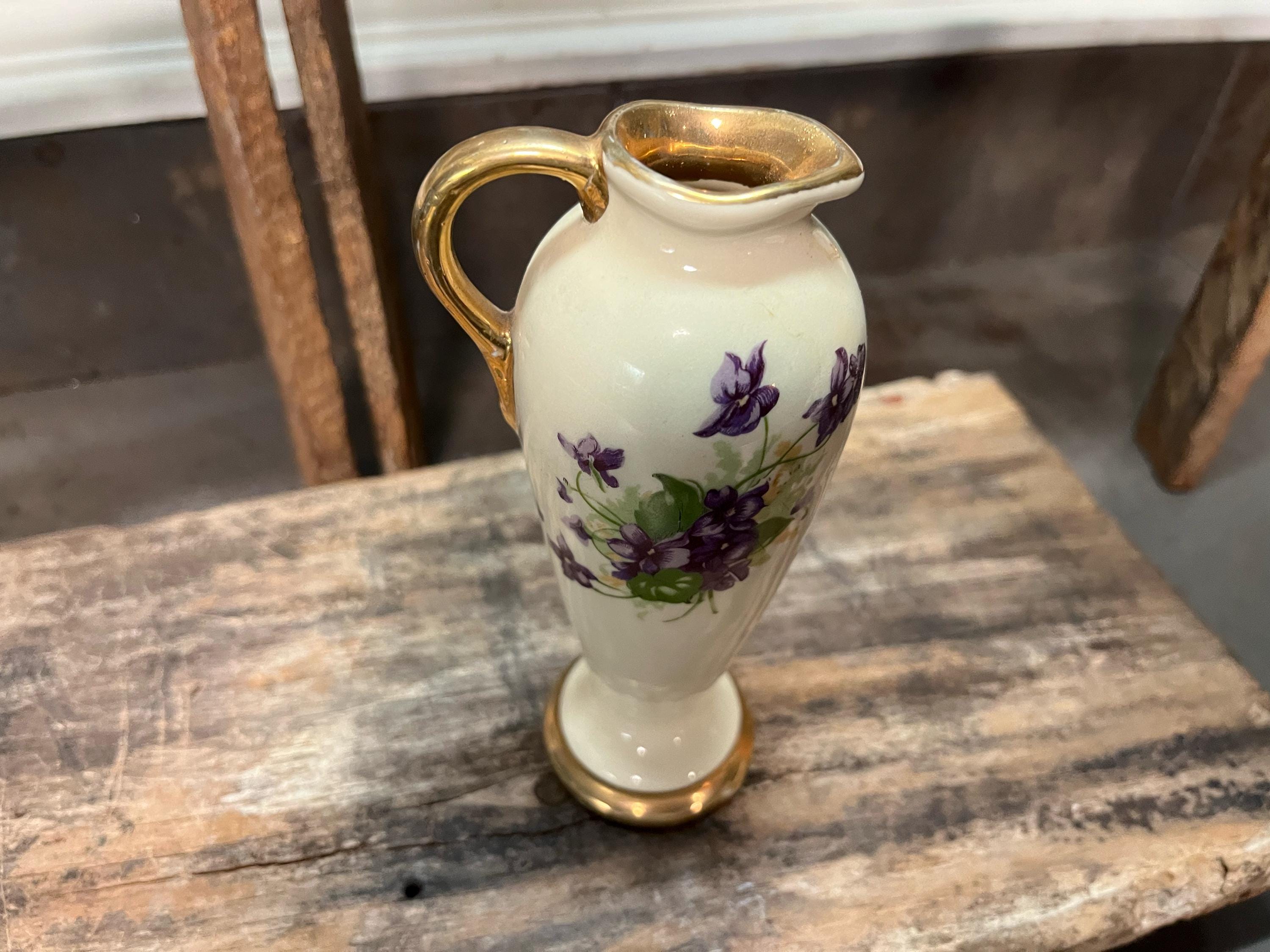 Ceramic Porcelain Vase With Violets Trimmed in Gold. - Etsy