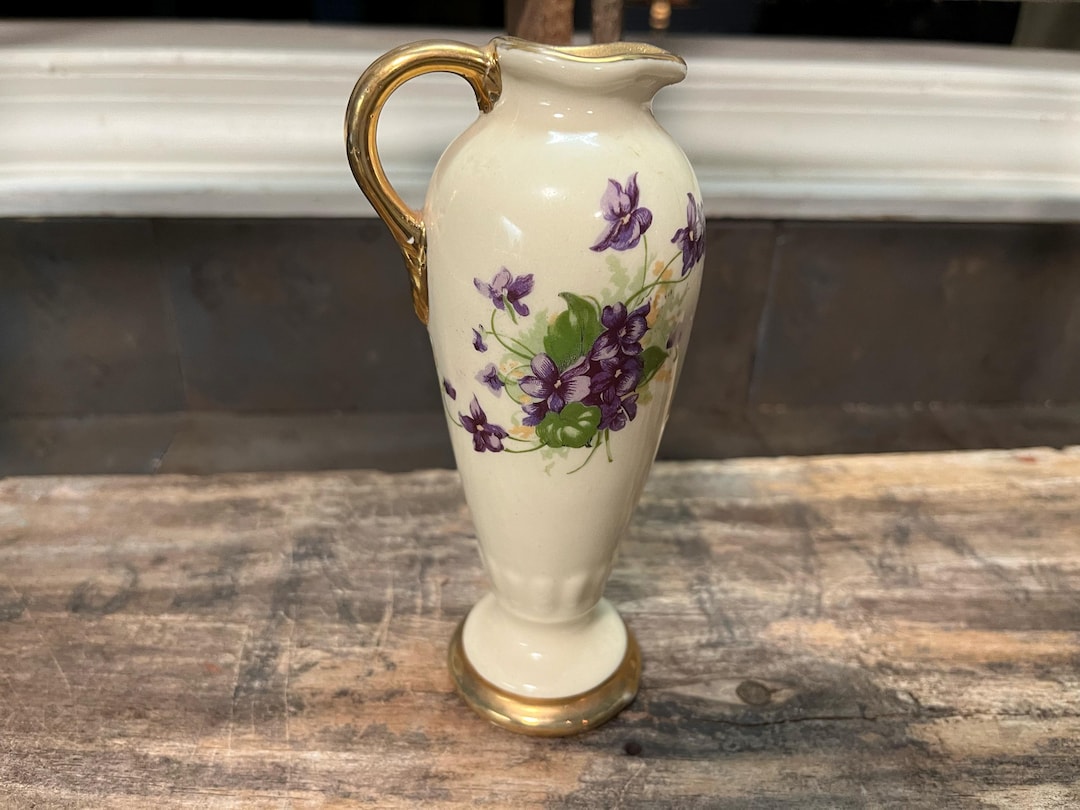 Ceramic Porcelain Vase With Violets Trimmed in Gold. - Etsy