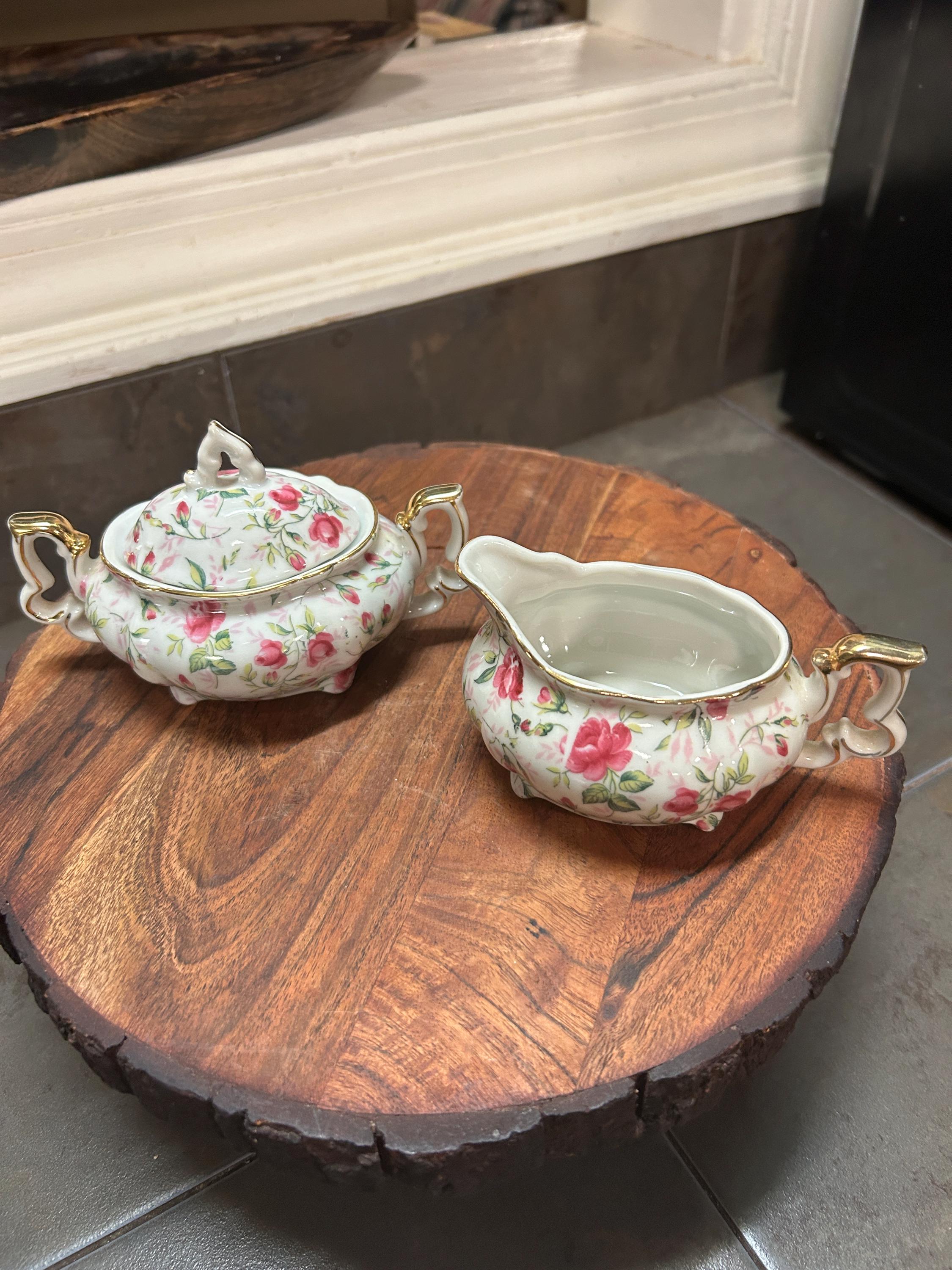 Vintage Lefton China Hand Painted Rose Chintz 653R Sugar and Creamer ...